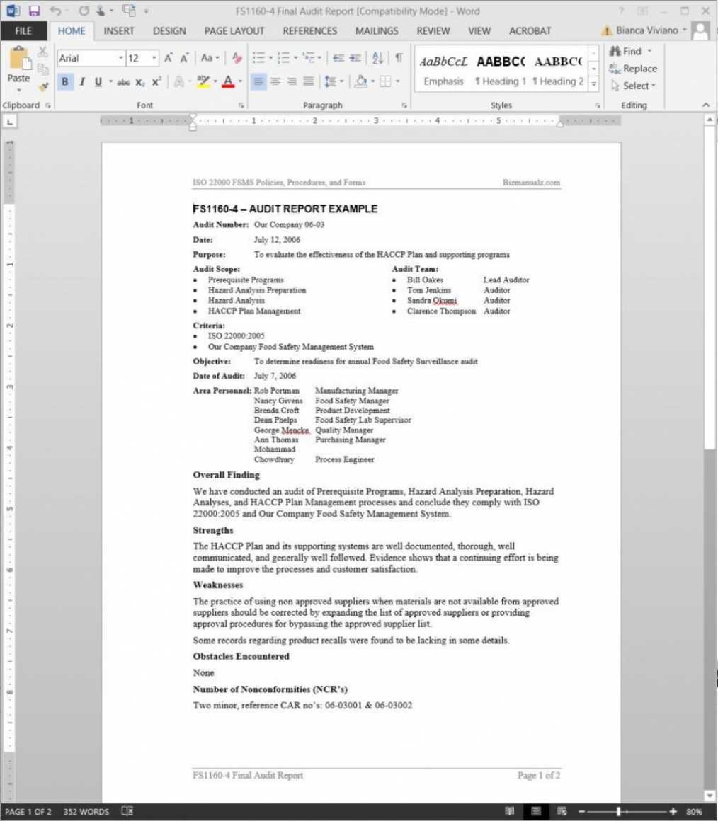 Internal Audit Report Template Iso 9001